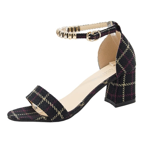 Thick High-heeled Grid Texture Open Toe Sandals for Women (Color:Black
